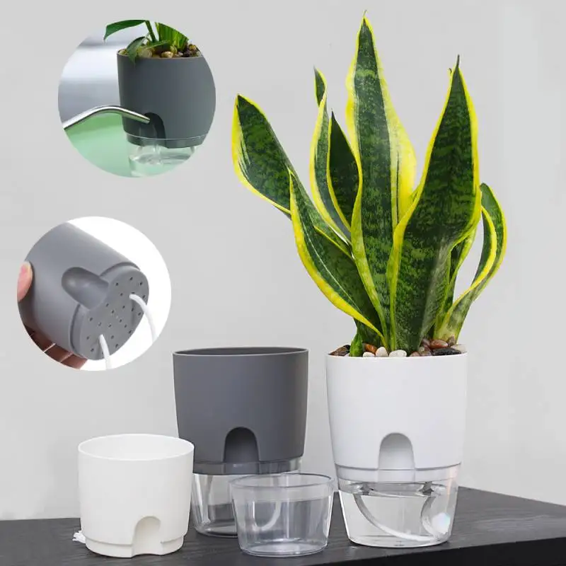 Transparent Double Layer Plastic Flower Pot Self Watering Flowerpot ...