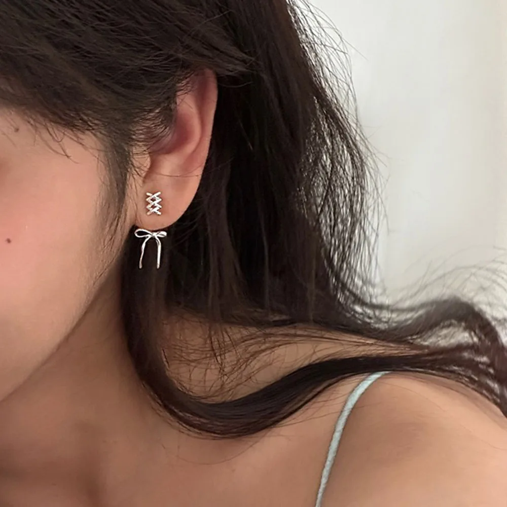Cute-Girls-Silver-Color-Bandage-Bowknot-Earrings-for-Women-Front-Back ...