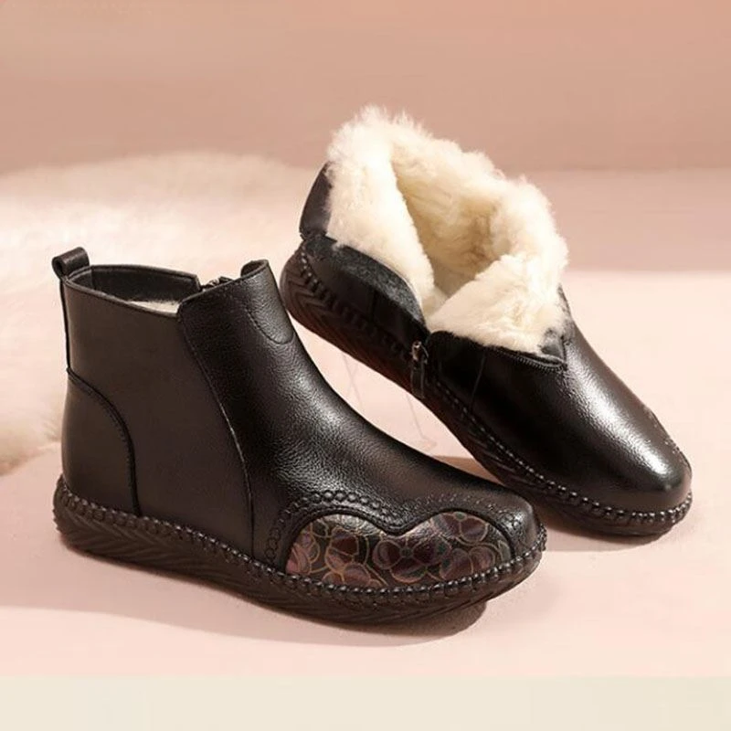 Botines de piel auténtica para mujer, botas de nieve de lana gruesa ...
