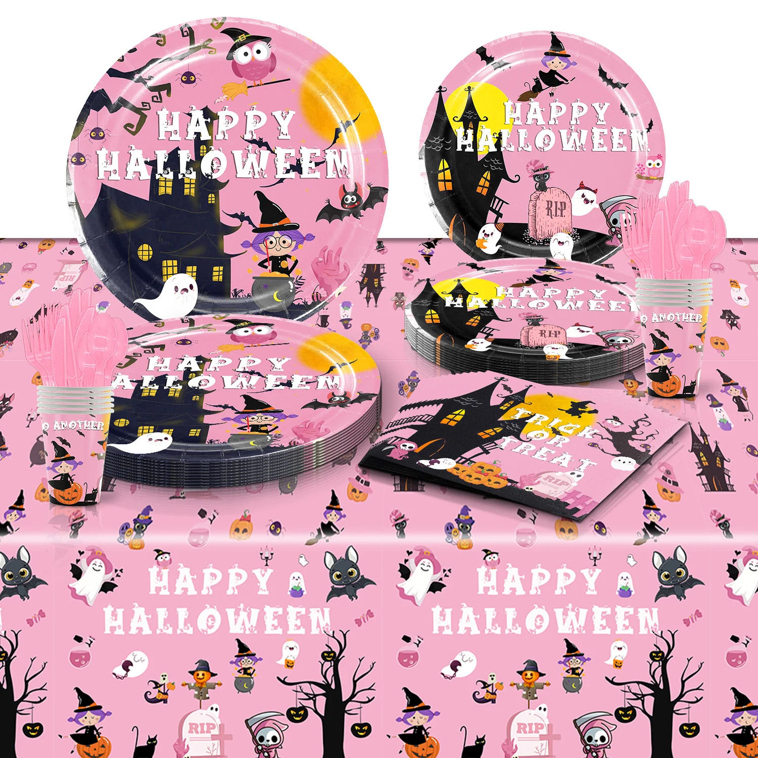 Pink-Halloween-Theme-Birthday-Decorations-Party-Disposable-Tableware ...