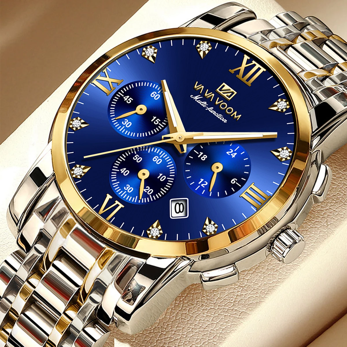 Mens-Watch-Stainless-Steel-Mesh-With-40mm-Multi-functional-Gold-Blue ...
