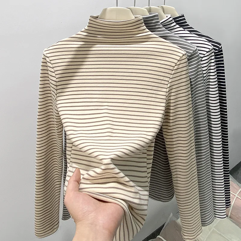 Women T-shirts Stripe Long Sleeve High Strecth Slim Fit Bottoming ...