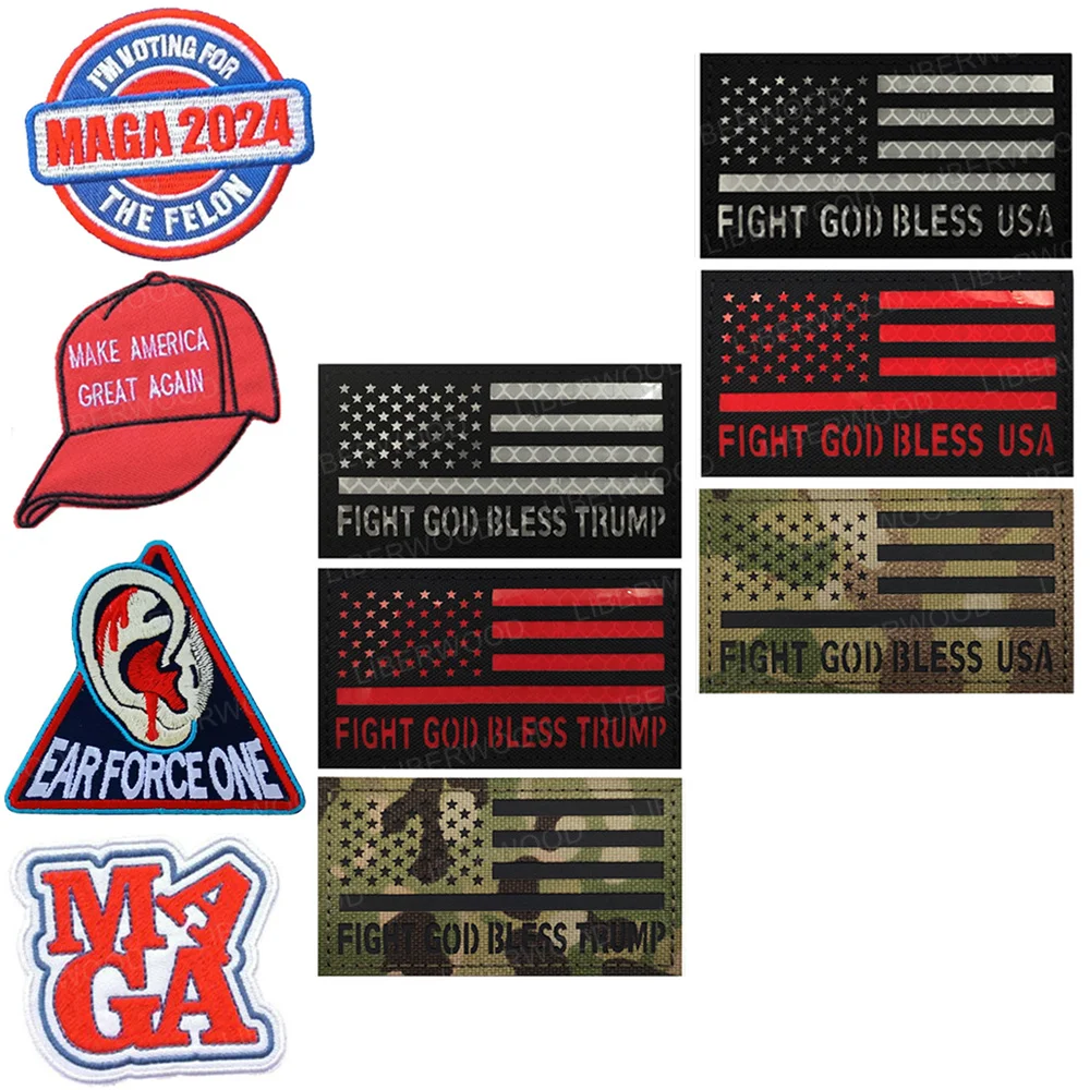 US-Flag-Fight-God-Bless-USA-Trump-Reflective-Patches-MAGA-2024-Make ...