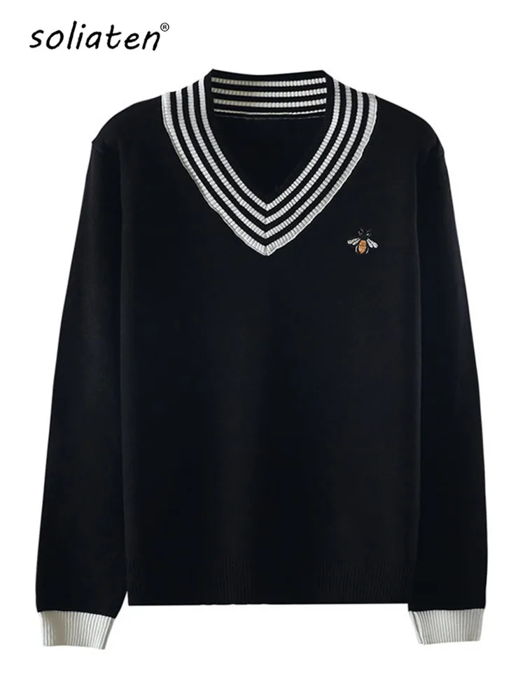 European-Style-Spring-Autumn-Women-Bee-Embroidery-Sweater-Elegant-V ...