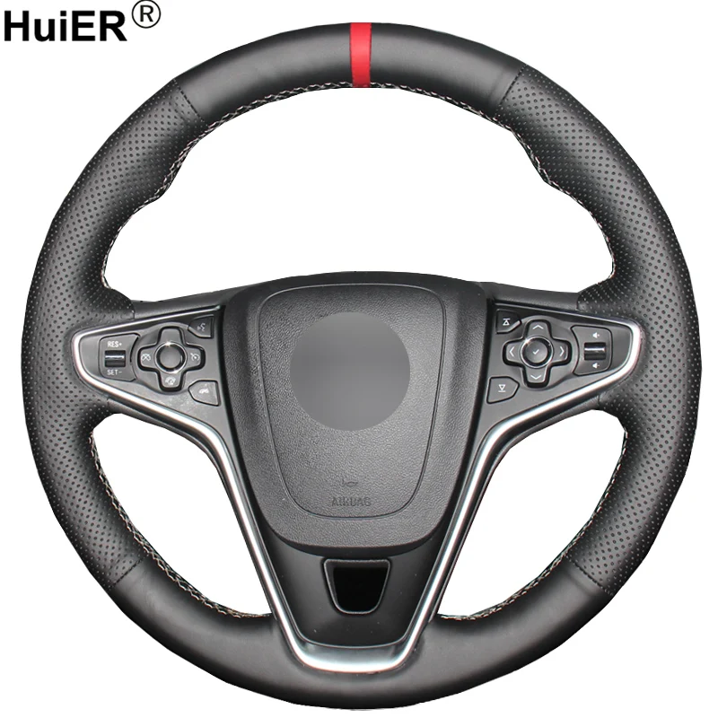 HuiER cubierta de volante de coche cosida A mano, marcador rojo para ...