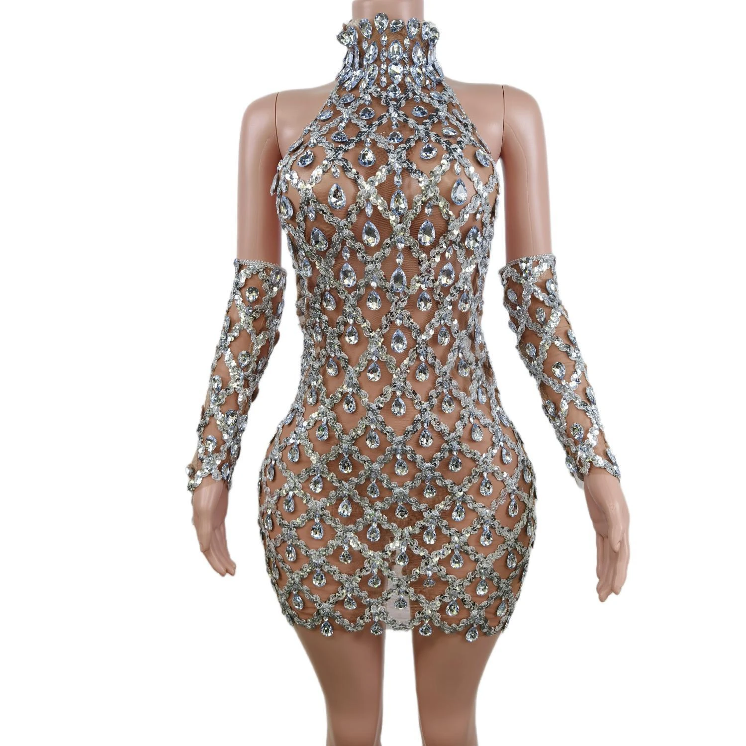Sparkle Crystal Sequin Short Prom Dress Mesh Transparent Sexy Backless ...