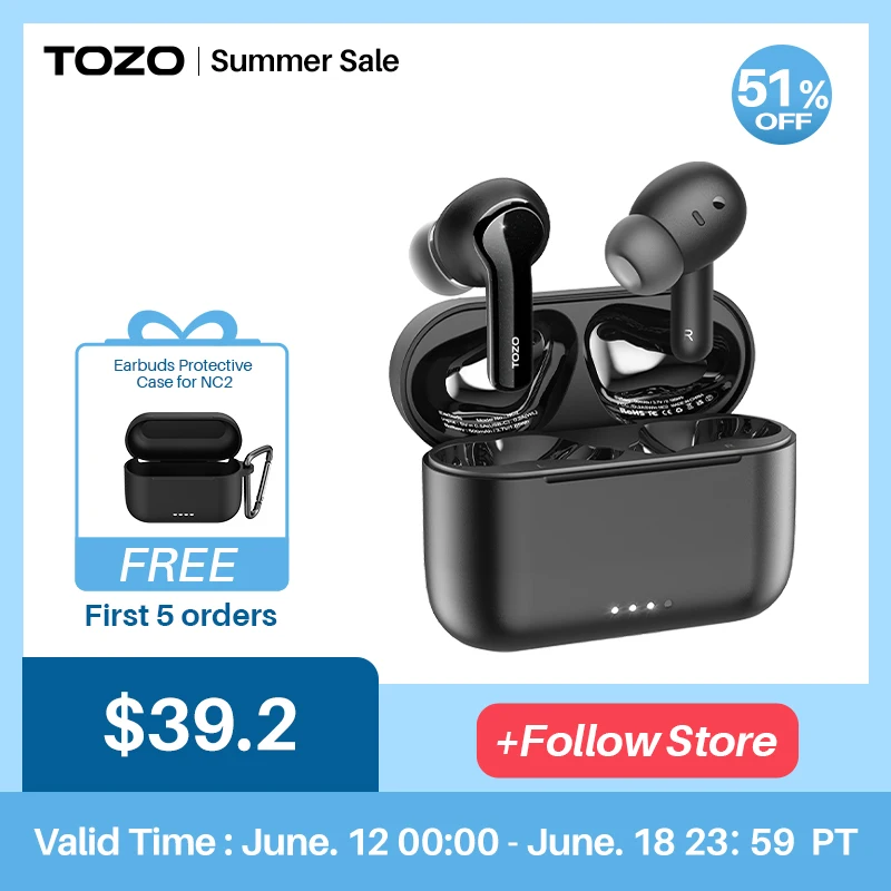 TOZO-NC2-Wireless-Earbuds-Hybrid-Active-Noise-Cancelling-Bluetooth-5-2 ...