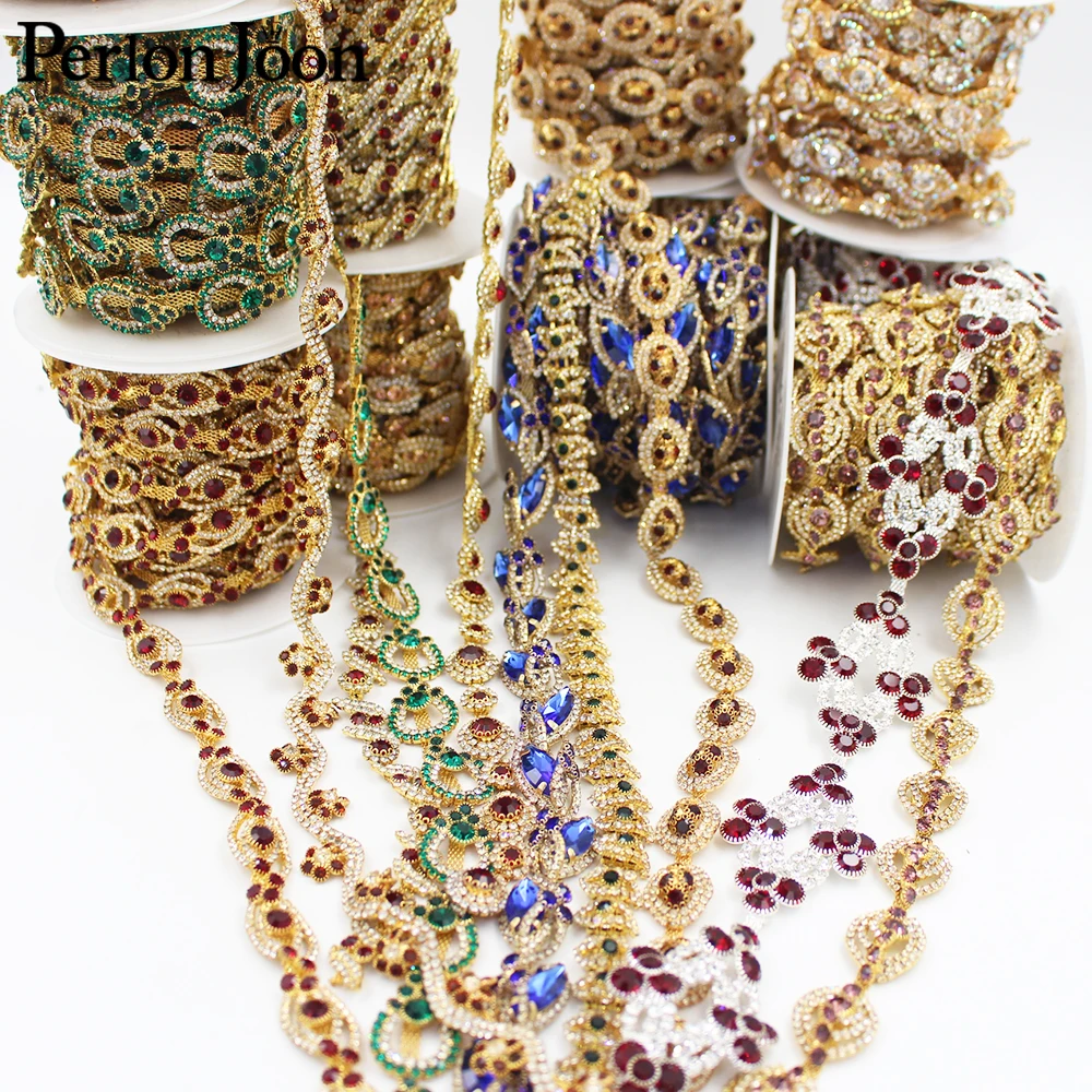 New-Gold-crystal-ribbon-colorful-applique-Rhinestone-Trim-Chain-for ...