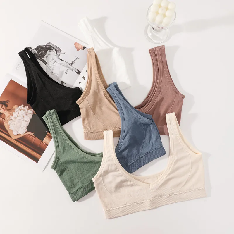 Seamless Bra Wire Free Brassiere Rib Bralette Women's Deep V Underwear ...