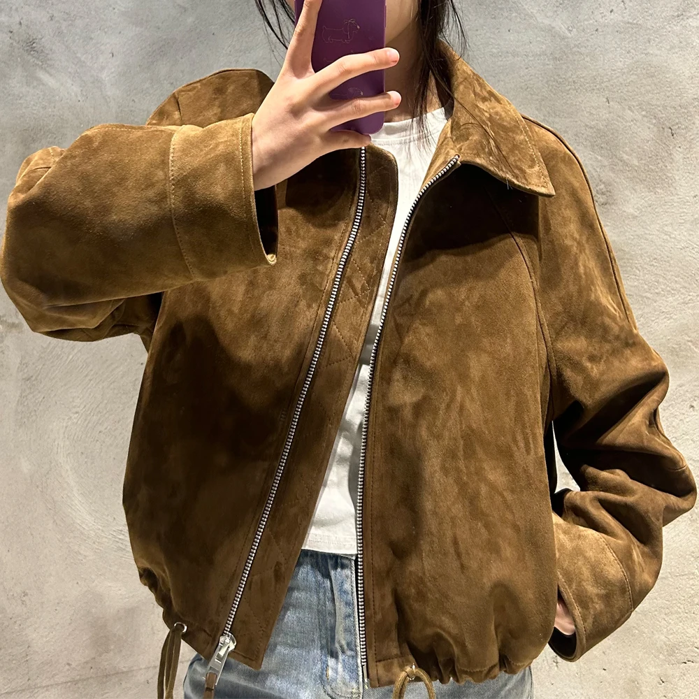 Women's Vintage Suede Jackets Real Sheep Suede Jacket Long Sleeves 2025 ...