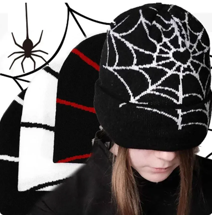 Goth-Spider-Web-Hat-Men-Women-Knitted-Beanie-Y2K-Vintage-Baggy-Slouchy ...