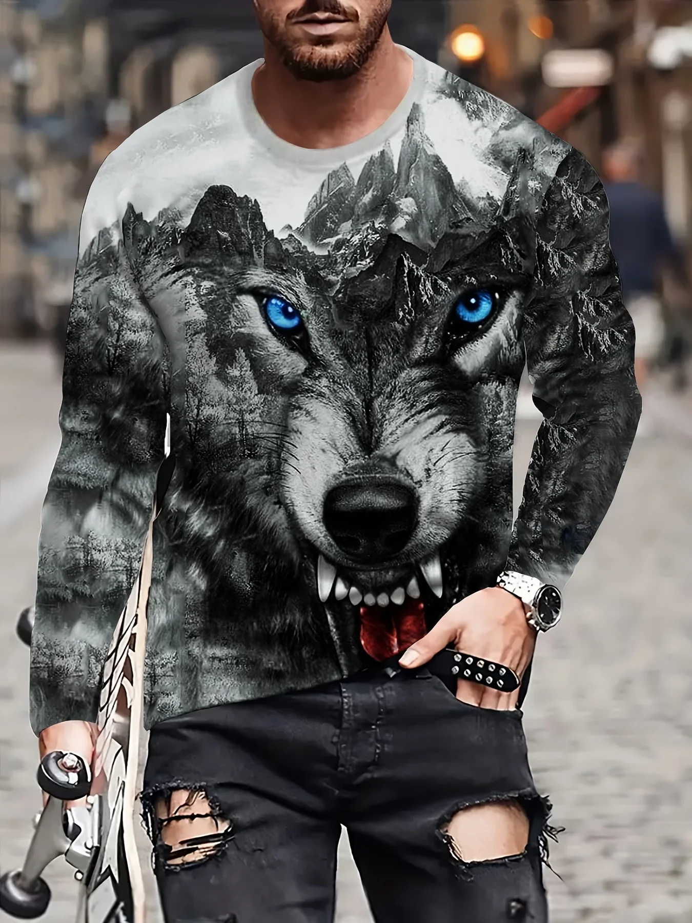 Men's T Shirt 3D Printed Wolf Pattern Tops Casual Comfortable Long ...