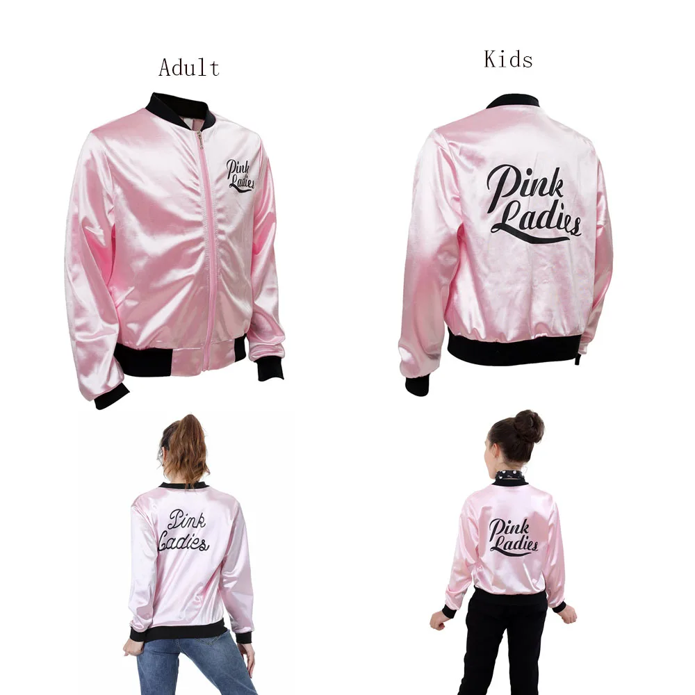 Adult Kids Grease Pink Ladies Cosplay Jacket Adult Satin Coat Costume ...