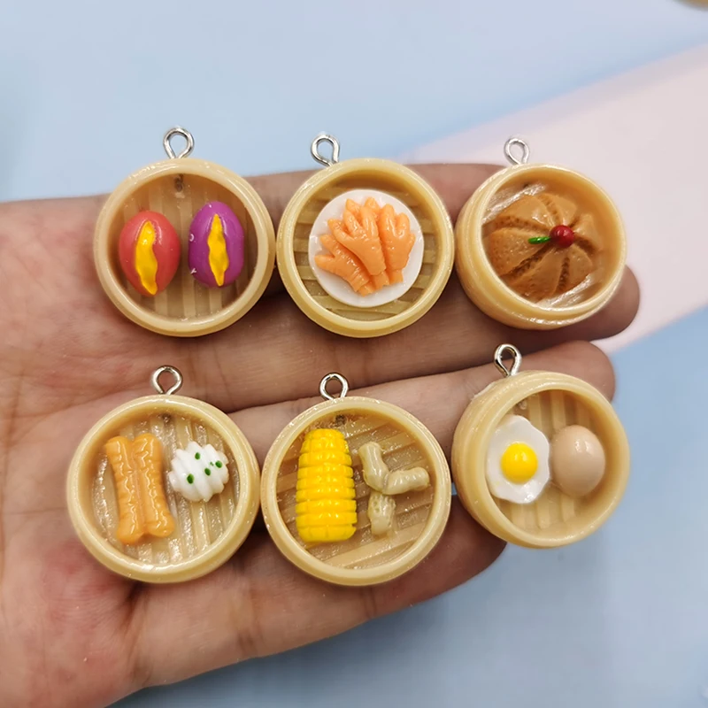 10pcs Chinese Food Bamboo Steamer Bread Egg Sweet Potato Charms Pendant ...
