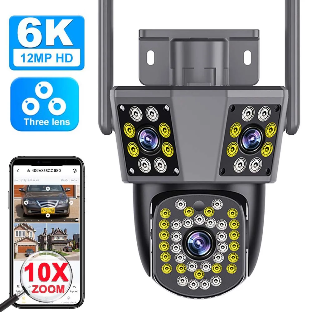 6K 12MP WiFi Surveillance Camera 10X Zoom Three lens Outdoor PTZ IP ...