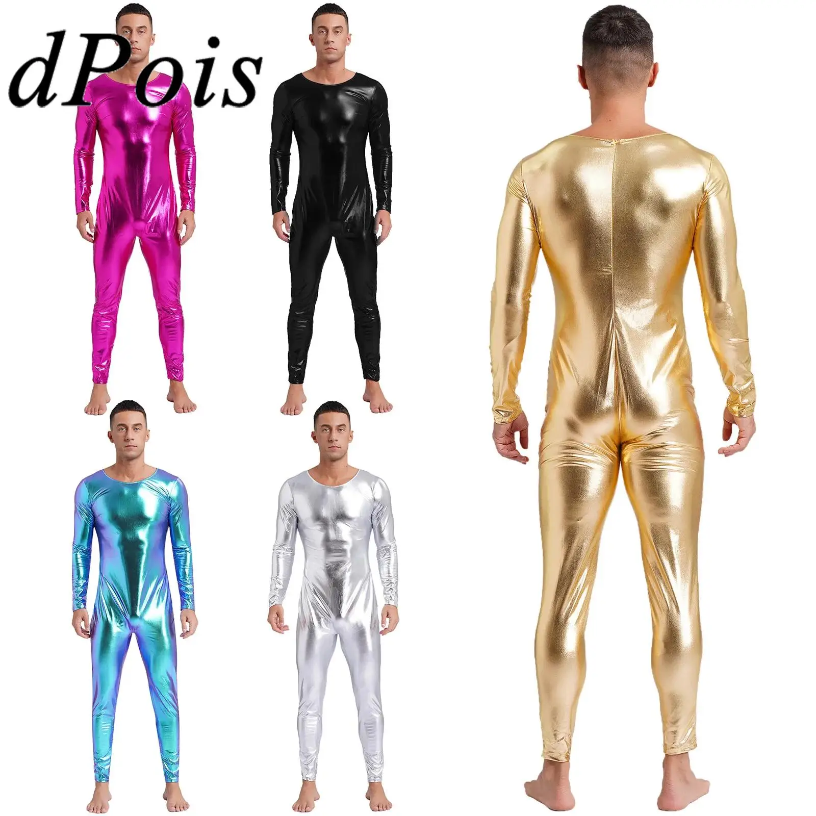 Mens Metallic Cosplay Jumpsuit Full Body Bodysuit Shiny Unitard Jazz ...