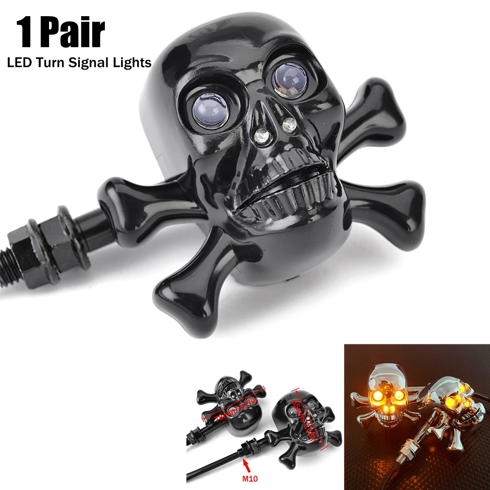 Chrome/Black Skull Motorcycle LED Turn Signal Lights Indicators For ...
