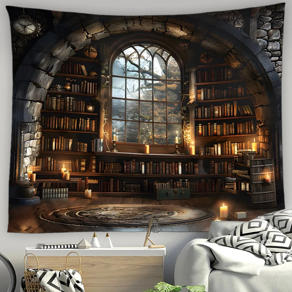 Vintage-Library-Tapestry-Old-Books-Bookshelves-Plant-Attic-Candles-Cats ...