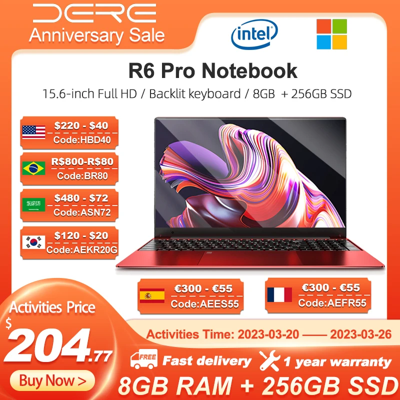 DERE R6 Laptop 15.6-inch, 16GB RAM + 1TB SSD, Intel Celeron N4500 Dual ...