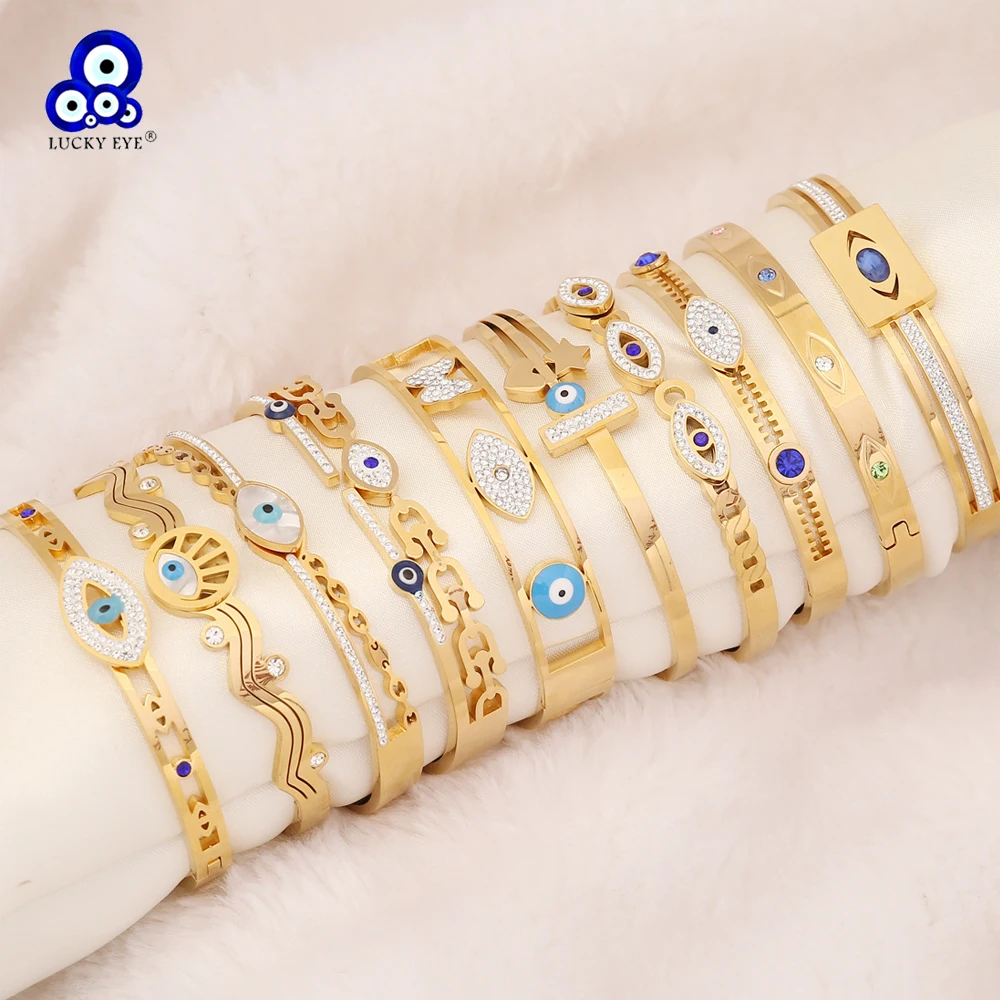 Lucky Eye Stainless Steel Micro Pave Zircon Bangle Drip Oil Blue ...