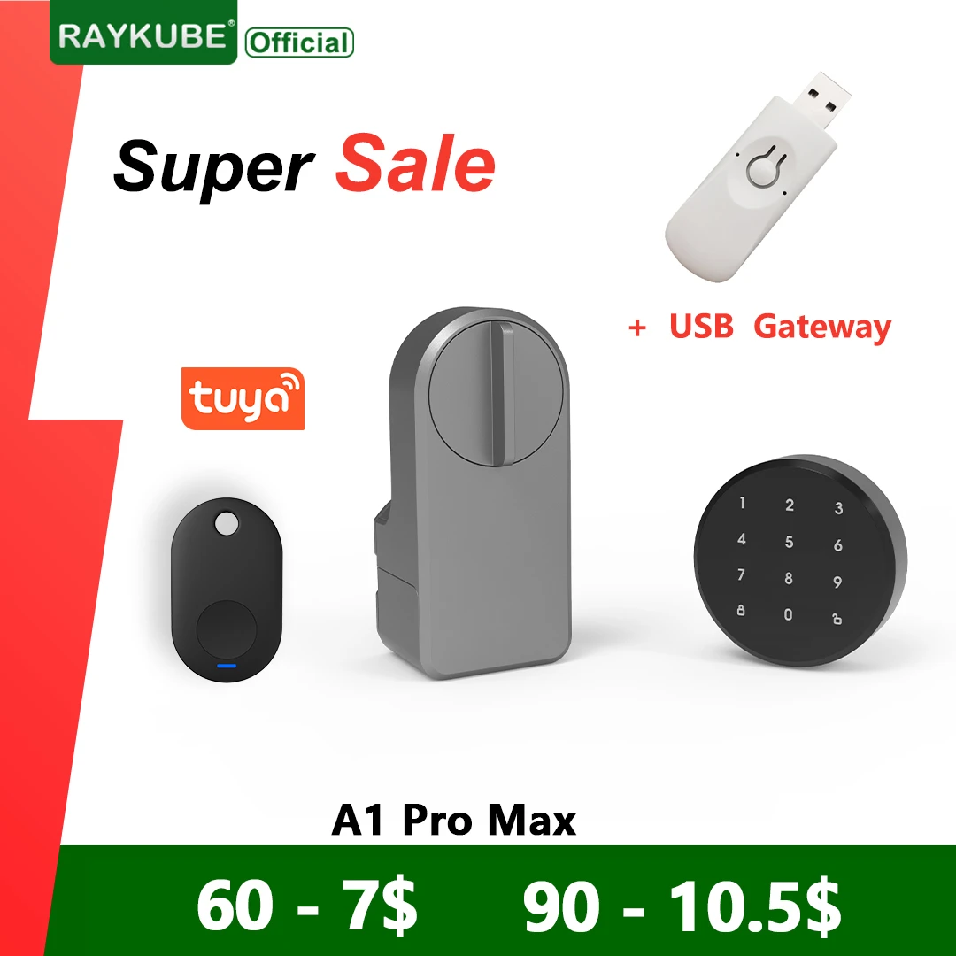 RAYKUBE A1 Pro Max Tuya BEL Smart Door Lock Set with Fobs/ Keypad/ Smart Key Tuya Remote Unlock ...