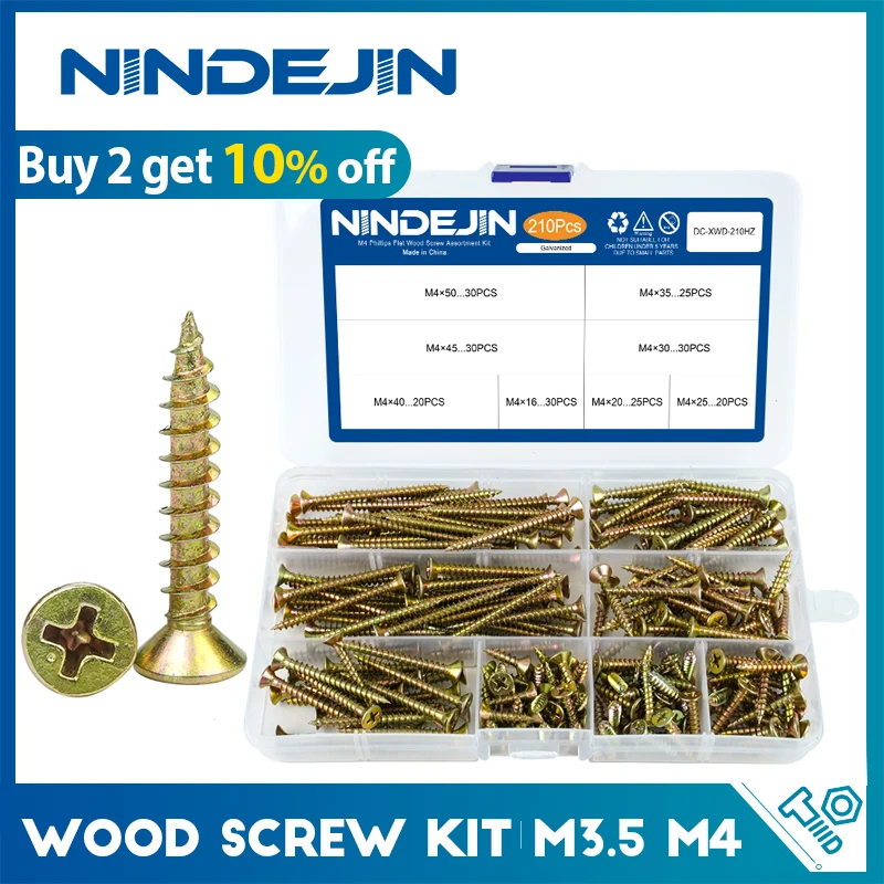 NINDEJIN Wood Screw Kit M3.5 M4 Cross Recessed Fiberboard Screw Zinc Plated Flat Phillips Head ...