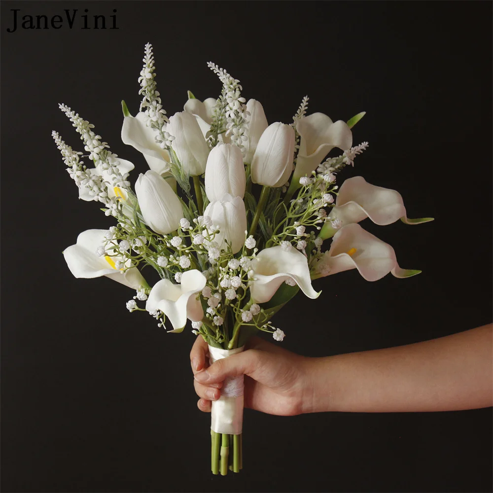 JaneVini White Tulip Calla Lily Wedding Bouquet Artificial Bridal ...