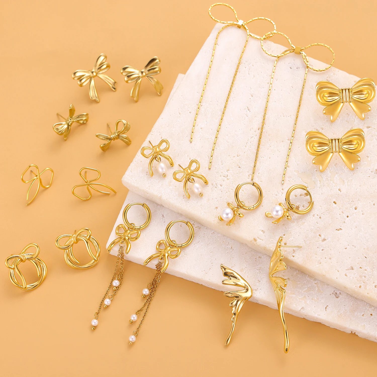 Gleaming-Gold-Plated-Stainless-Steel-Pearl-Earrings-Chic-Bow-Design-for ...