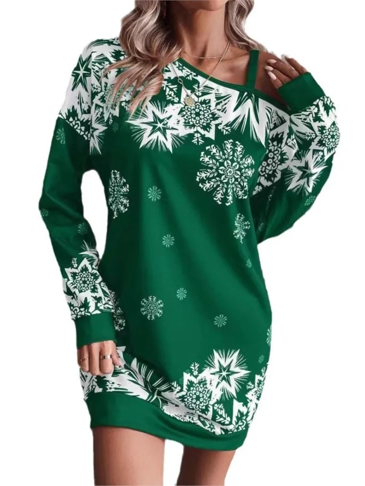 Autumn-Winter-Dress-For-Women-Christmas-Snowflake-Print-Long-sleeved ...