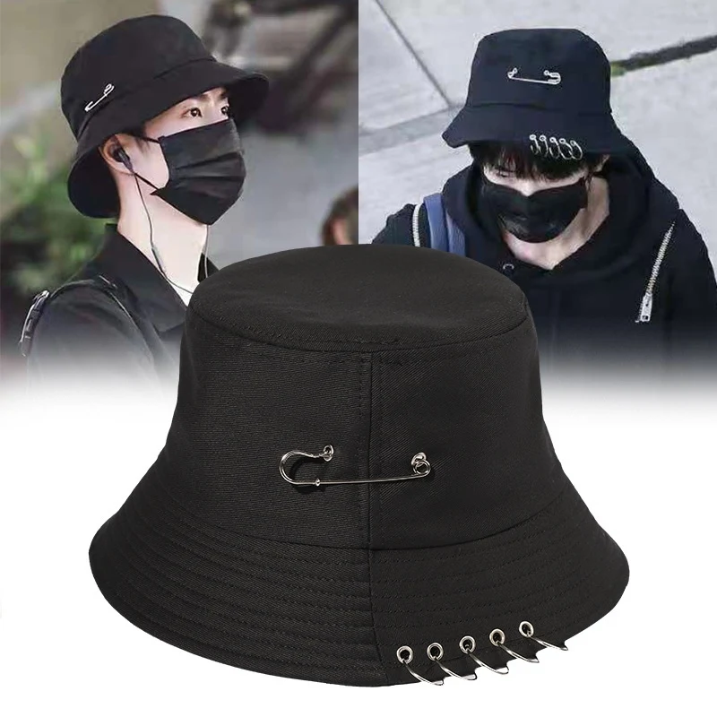 Fashion-Brooch-Hoop-Women-Bucket-Hat-Punk-Hip-Hop-Black-White-Men ...