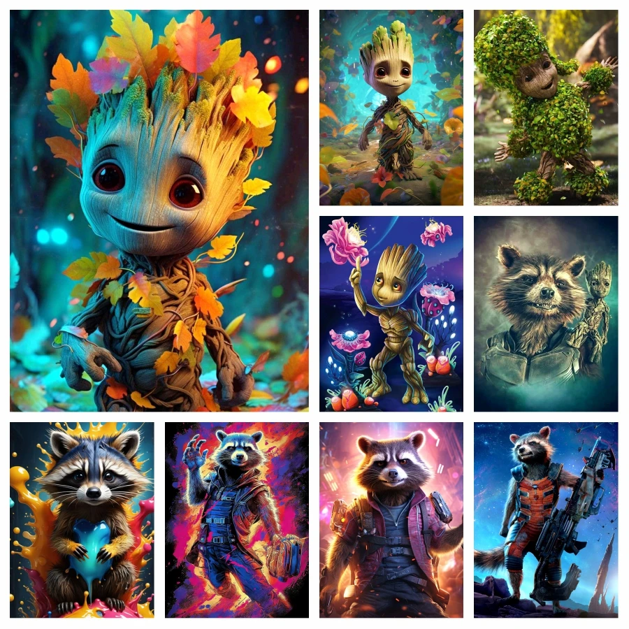 Bébé Groot et fusée raton laveur 5D plein diamant Art peinture gardiens ...