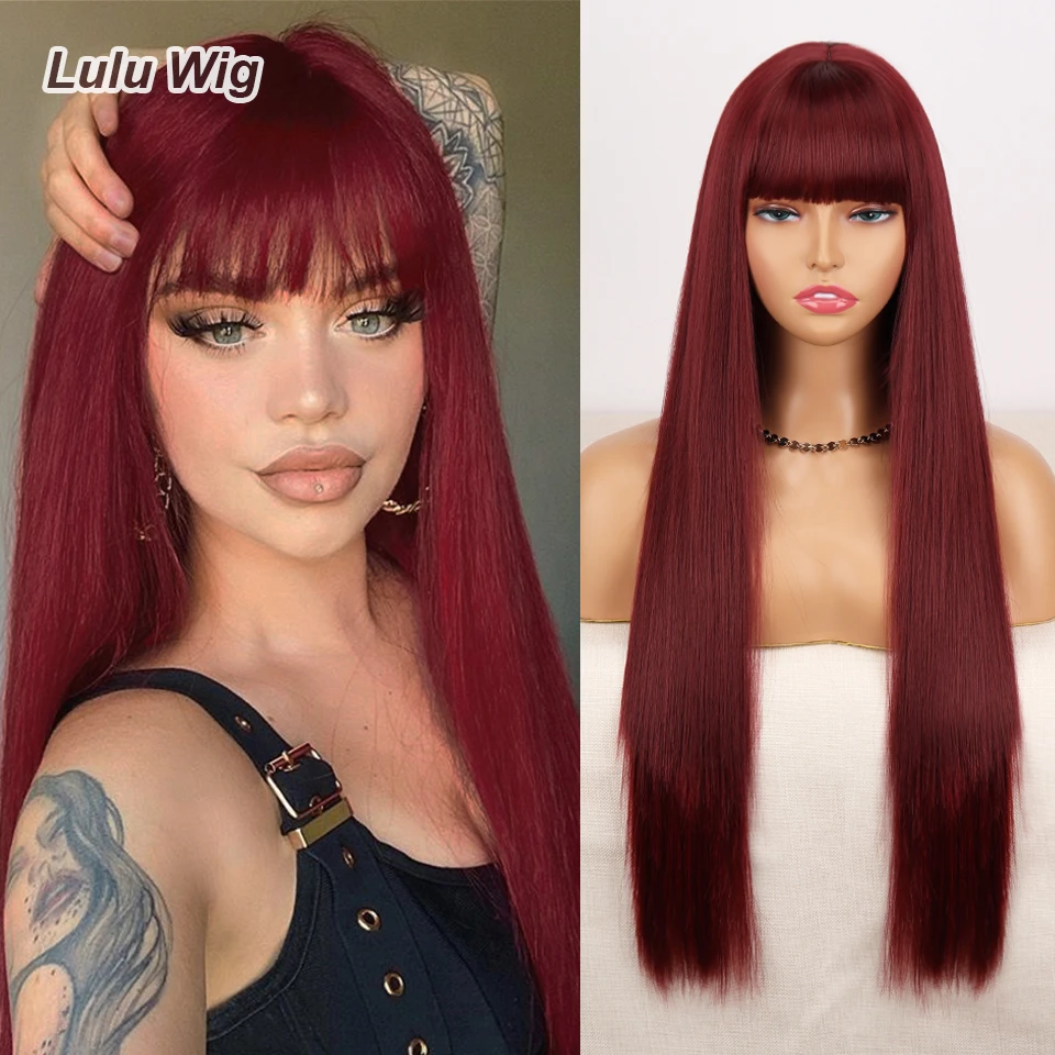 Long Straight Wine Red Wig With Bang Synthetic Wigs For Women Heat ...