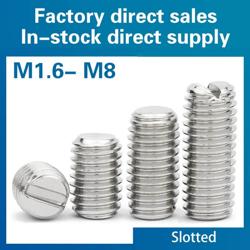 100pcs/lot Stainless steel slotted set screw with flat point M1.6 M2 M2.5 M3 M4 M5 M6 M8 DIN551