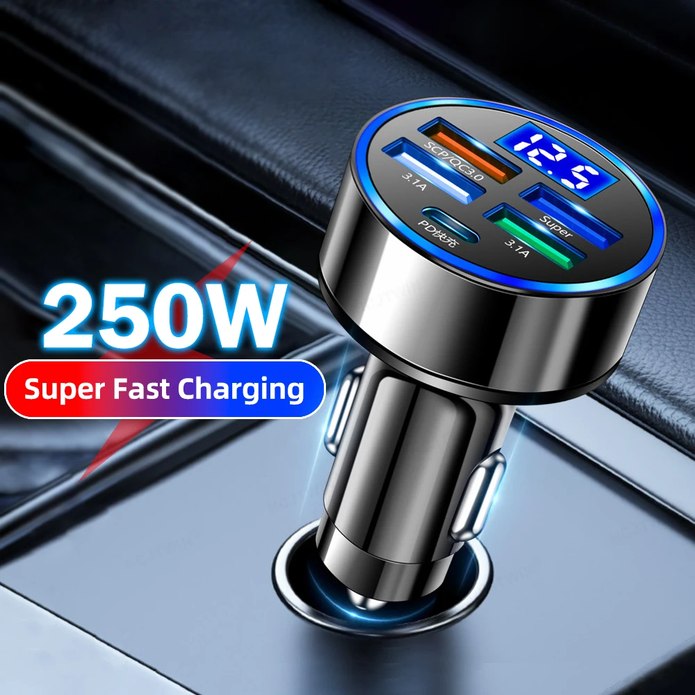 250W LED Car Charger 5 Ports Fast Charge PD QC3.0 USB C Car Phone ...
