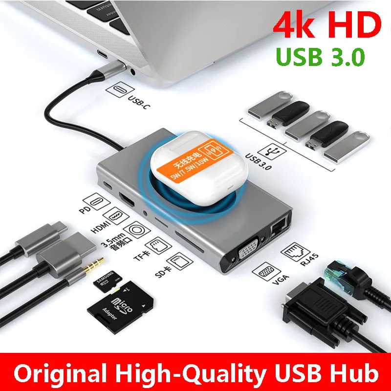 Estación de acoplamiento Usb 3,0, divisor de varios puertos tipo C, concentrador de base Usb 4K ...