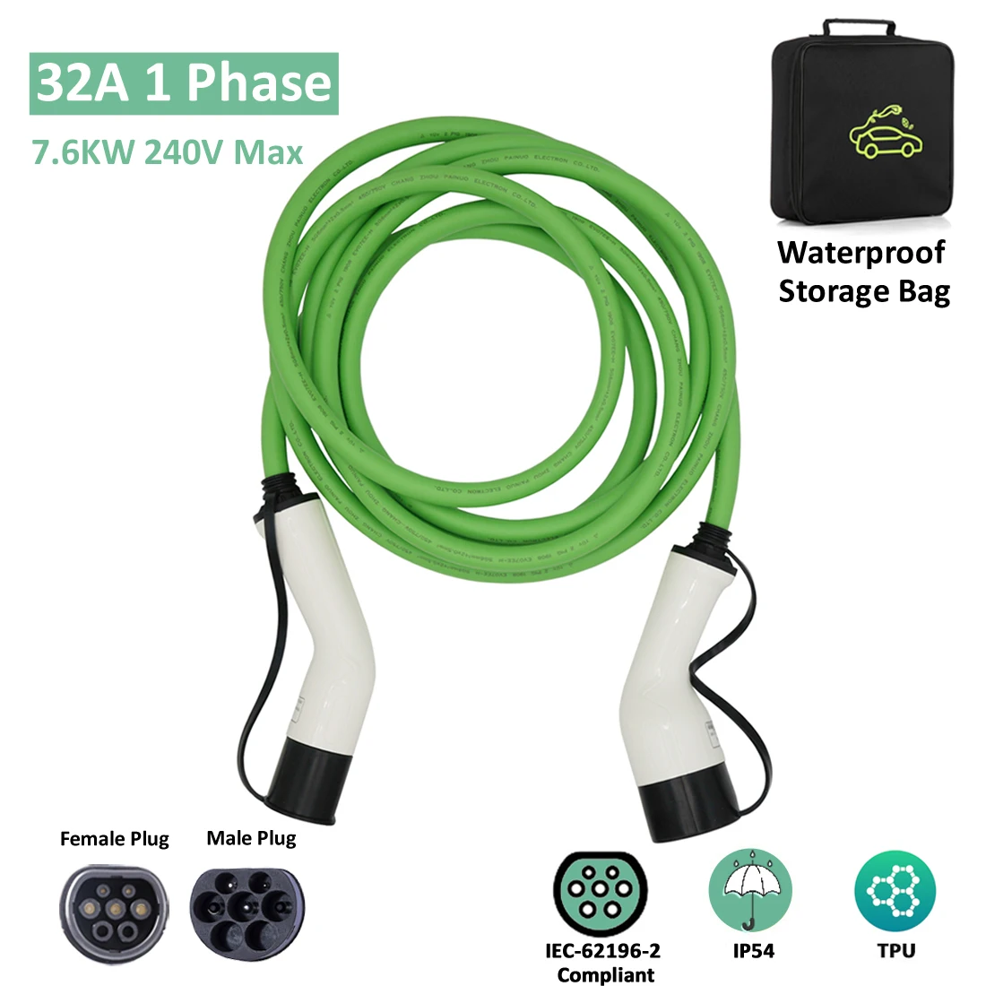 16A 32A EV Charging Cable Type 2 Male to Type 2 Female 1 Phase 5M for ...