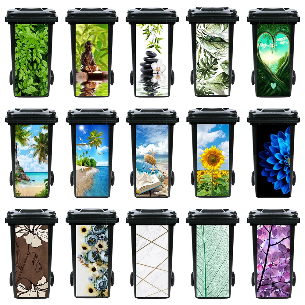 Green Plants Flower Trash Can Sticker Waterproof Outdoor Trash Can ...