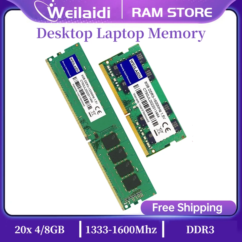 20pcs memória ram ddr3 de weilaidi 4gb 1333mhz 8gb 1600mhz 240pin 1.5v dimm intel desktop e ...