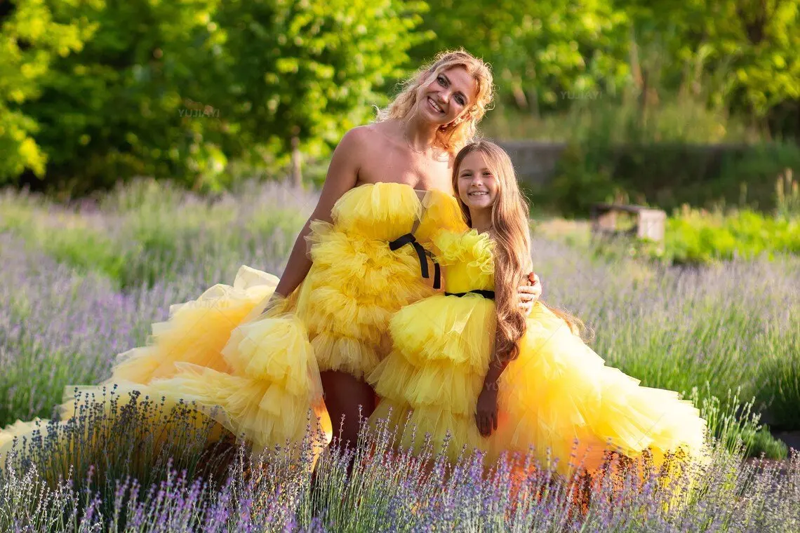 Yellow Mommy and Me Long Dress Puffy Ruffles Tulle Tiered Princess ...