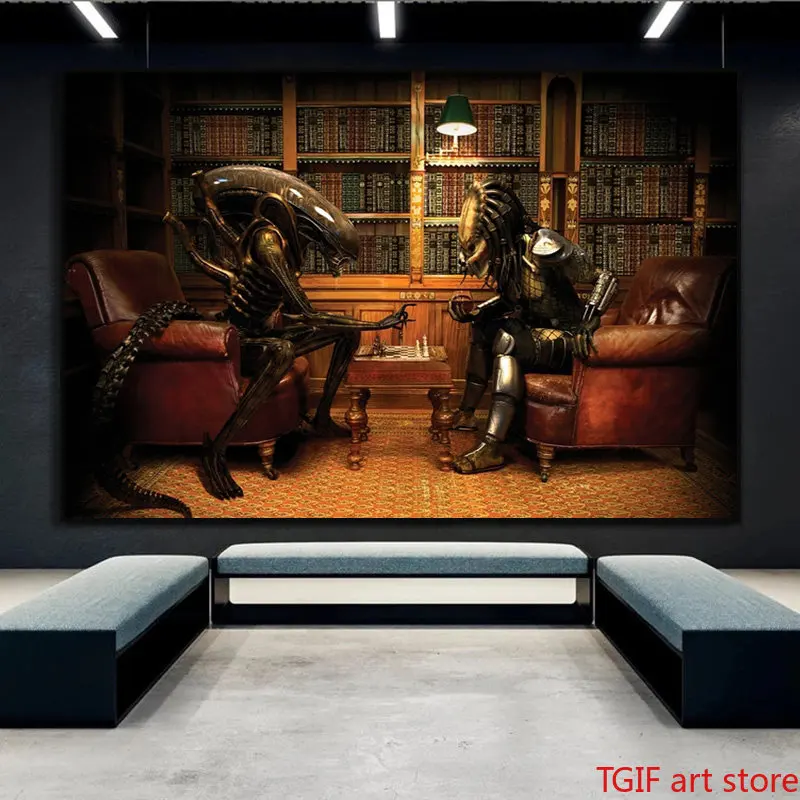 Abstract Funny Alien Vs Predator Playing Chess Billiard Poster Art ...