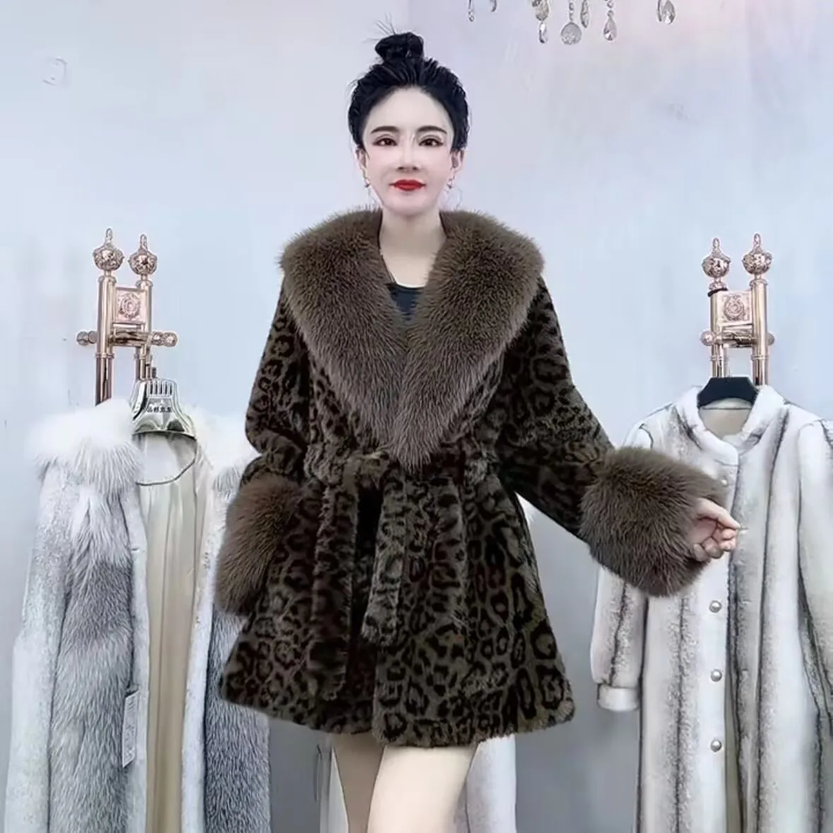 2024 New Leopard Print Fur Coat Winter European Mink Fur Long fur ...