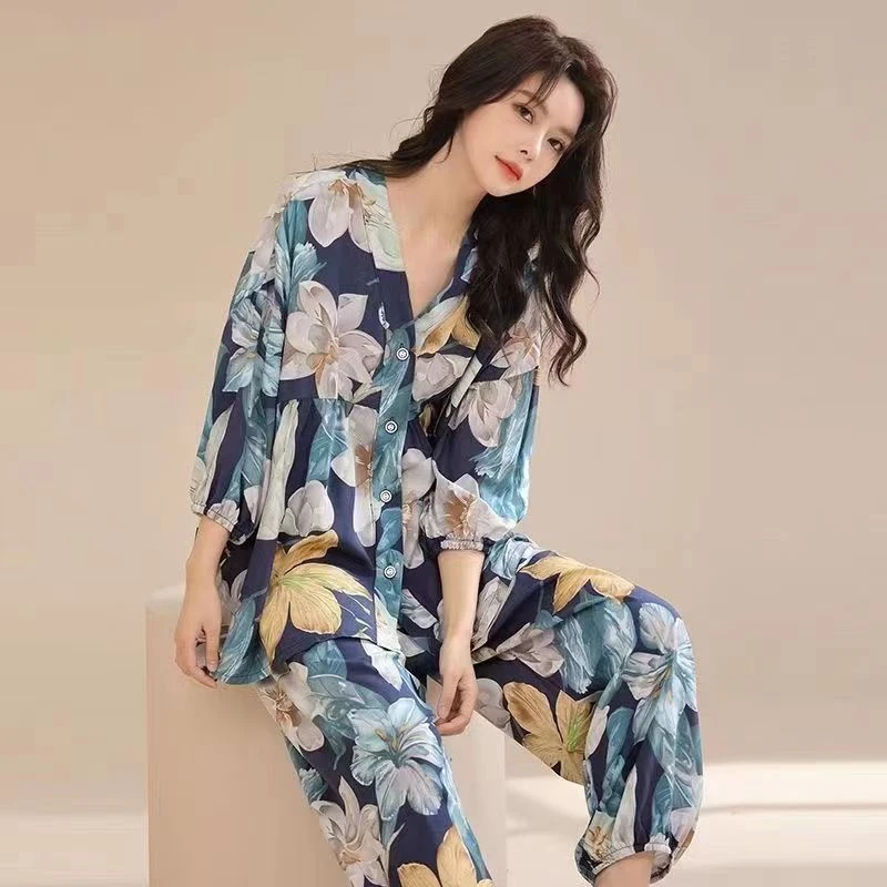Cotton Summer Pajamas Set for Women Three Quarter Sleeve Fashionable ...