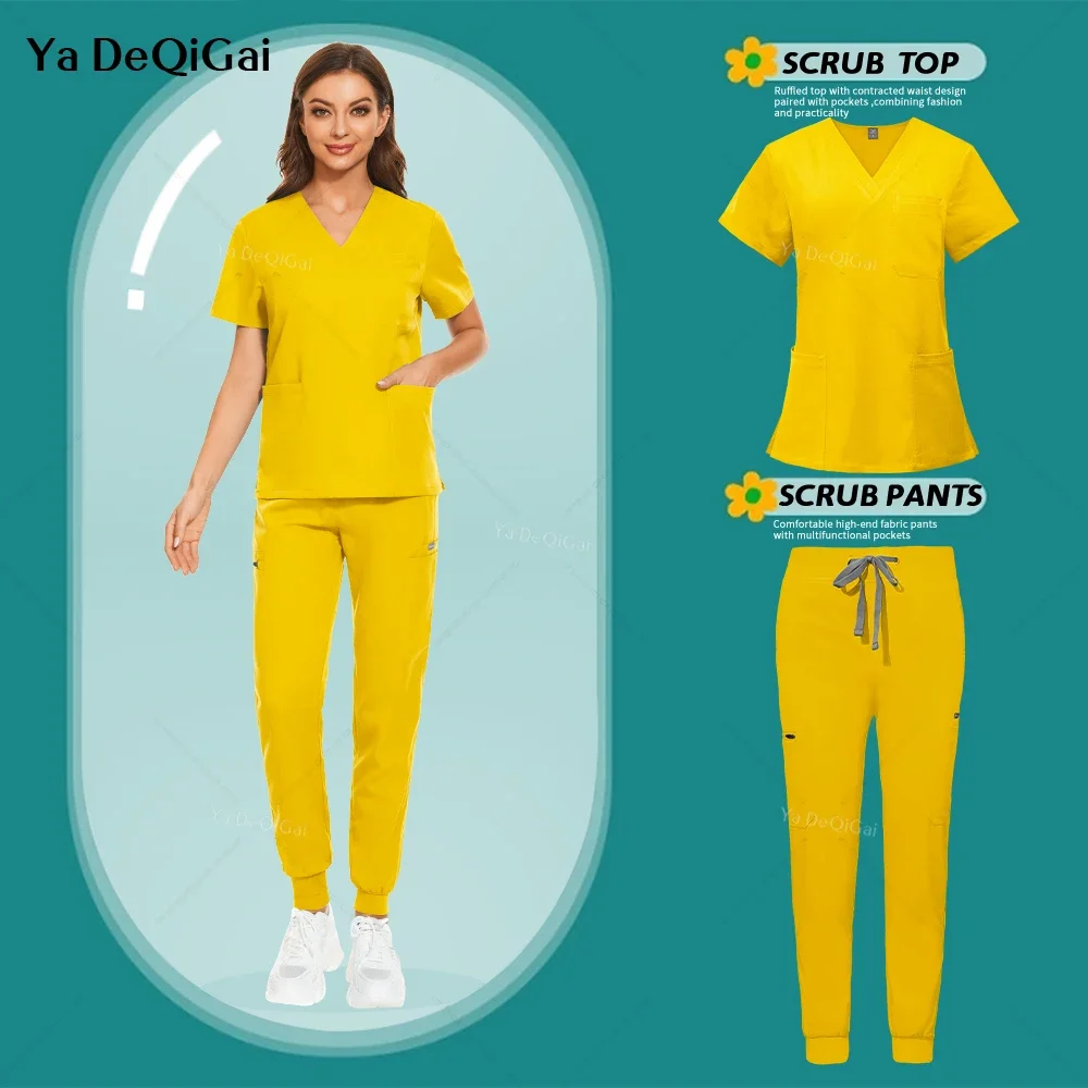 Bright Yellow Uniform Unisex Pockets Scrubs Top+Pants Nurse Uniforms ...