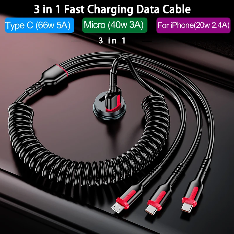 66W-5A-Fast-Charging-USB-Type-C-Cable-3A-Micro-USB-Spring-Car-Cable-For ...
