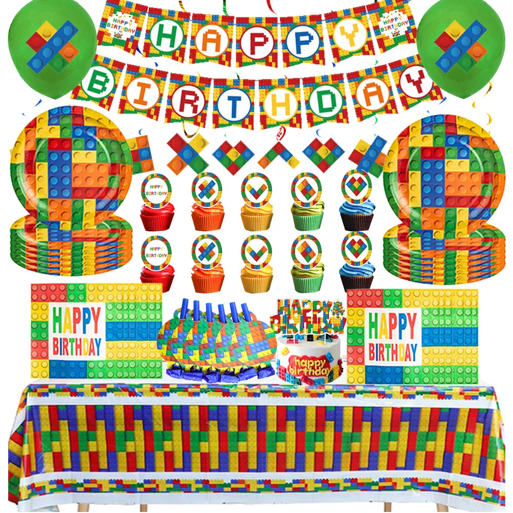 Building-Blocks-Kids-Birthday-Party-Decoration-Block-Theme-Disposable ...