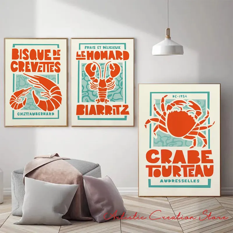 French-Shellfish-Seafood-Retro-Lobster-Crab-Prawn-Poster-Canvas-Print ...
