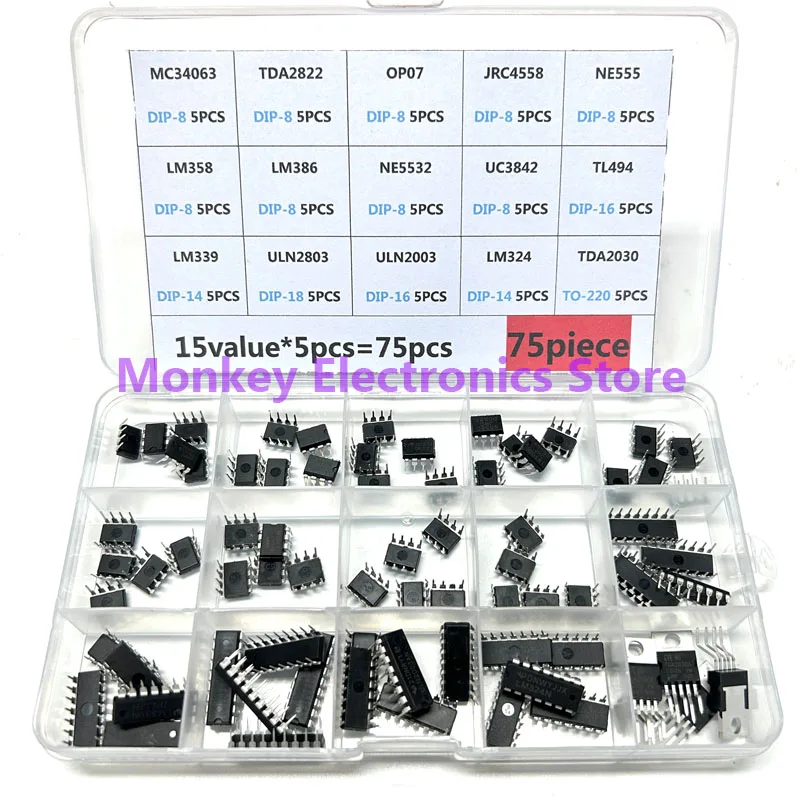 75pcs-Integrated-Circuit-IC-DIP-Kit-Box-LM358-LM386-ULN2003-LM324-NE555 ...