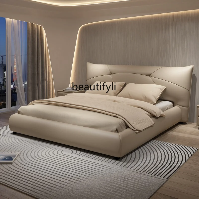 Leather-Bed-Light-Luxury-Modern-Minimalist-Double-Master-Bedroom-Bed ...
