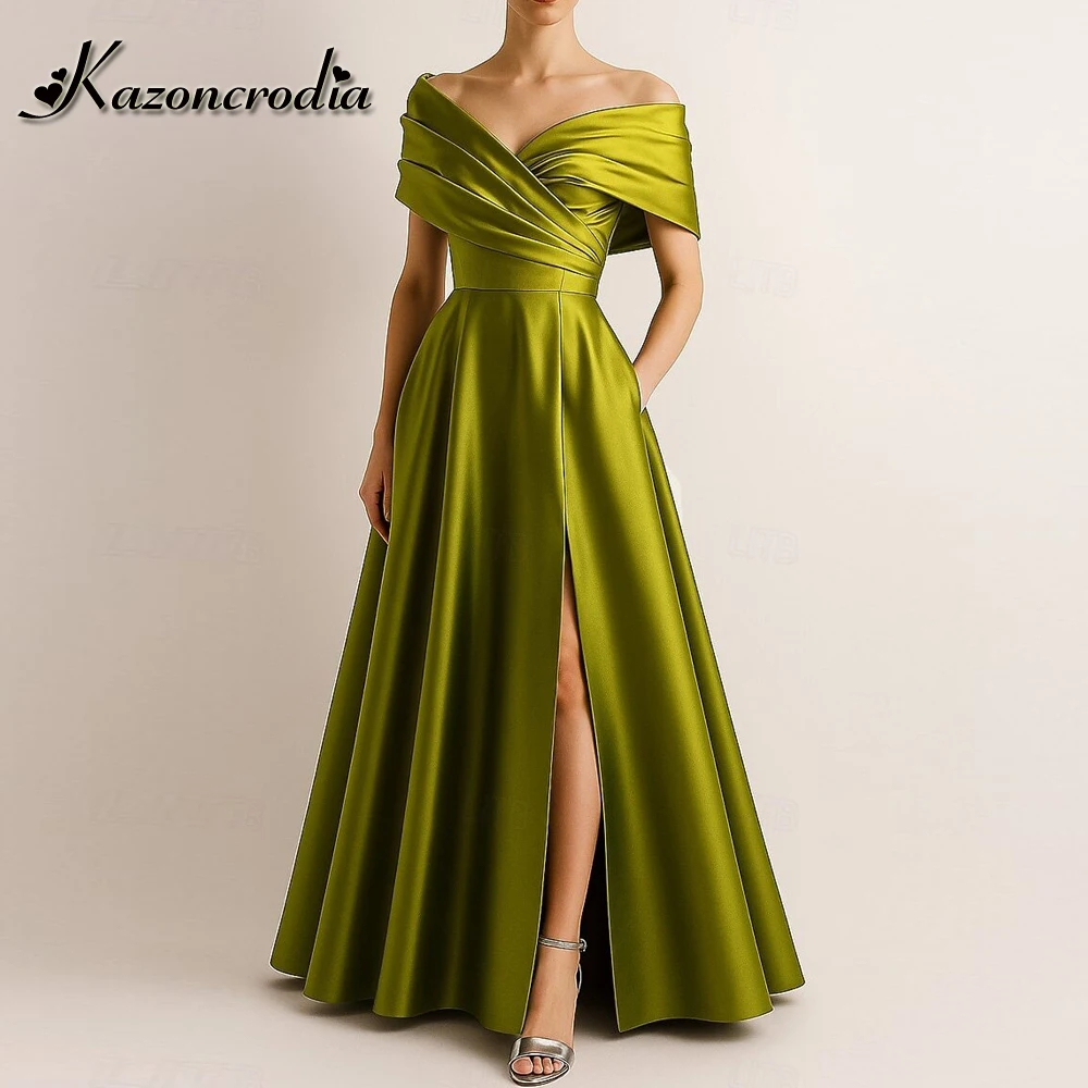 Kazon Glamorous Off Shoulder Mother of The Bride Dress with Slit Satin ...
