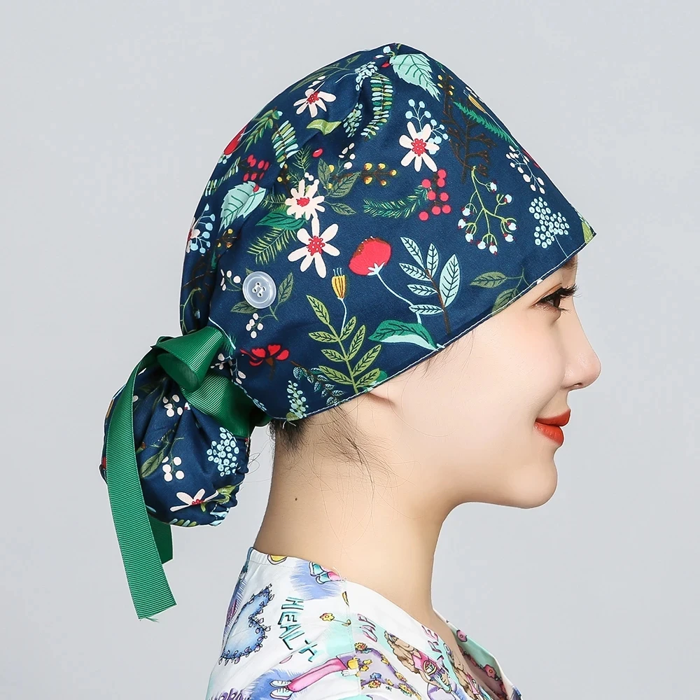 Women Cotton Buttons Printed Scrub Hats Bandage Working Caps Elastic ...